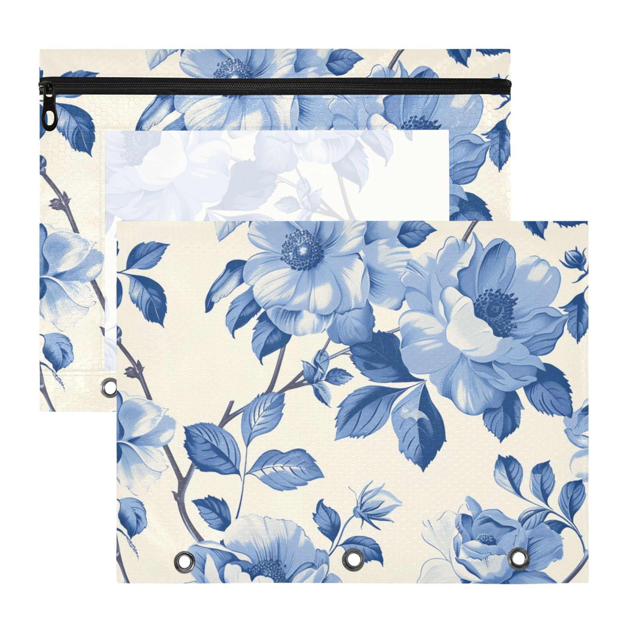 Blue White Florals and Leaves 3-Ring Binder Pouches A4 Size Zipper ...