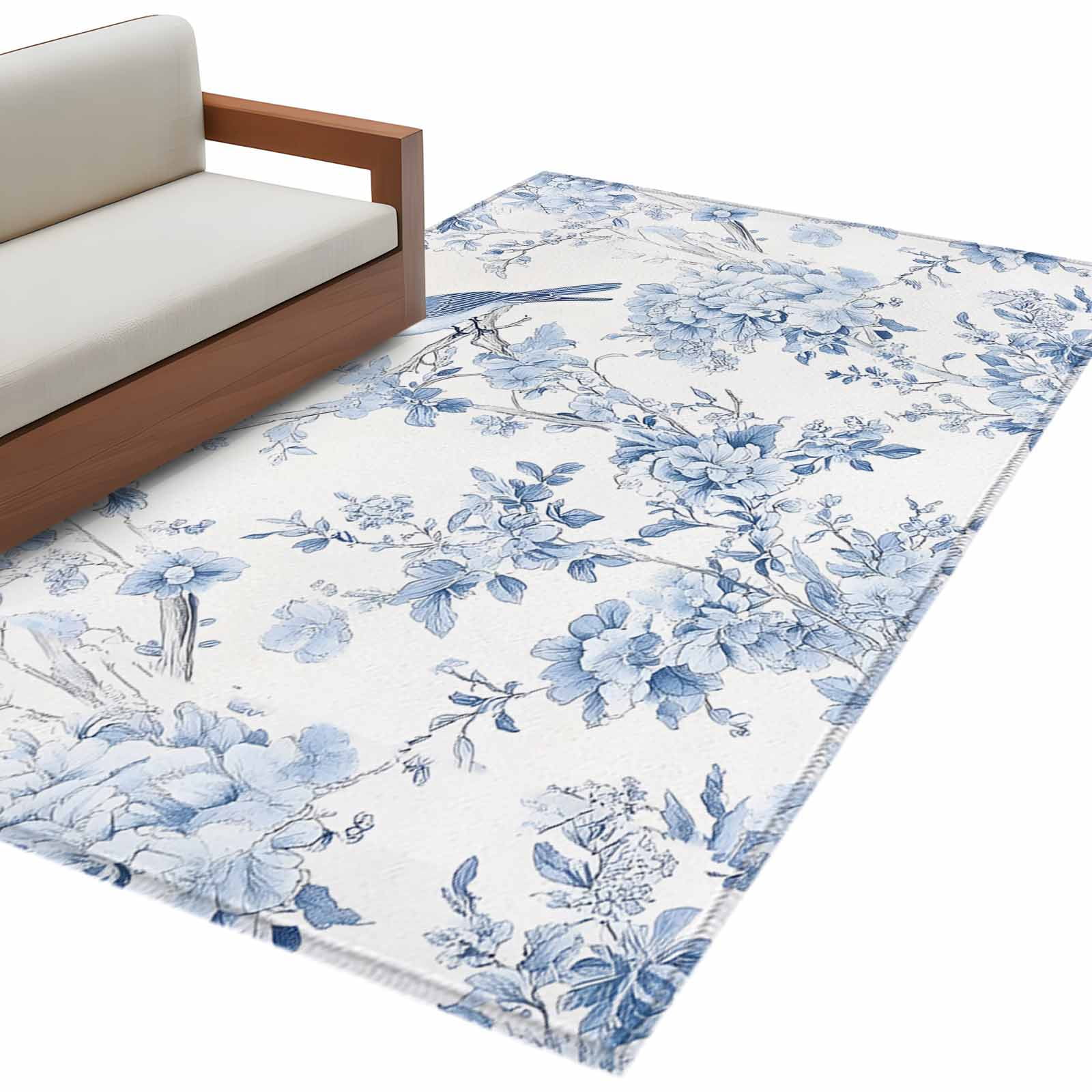 Blue White Flowers 3'x5' Washable Rug, Spring Summer Floral Botanical ...
