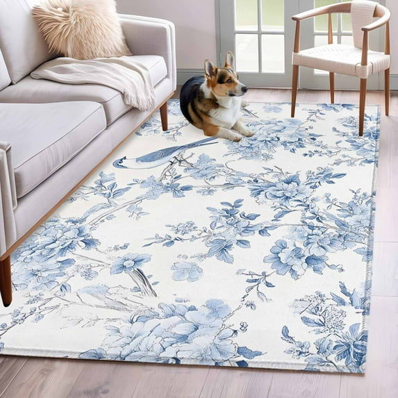 Blue White Flowers Area Rug 3x5 FT, Non Slip Entryway Bedside Carpet ...