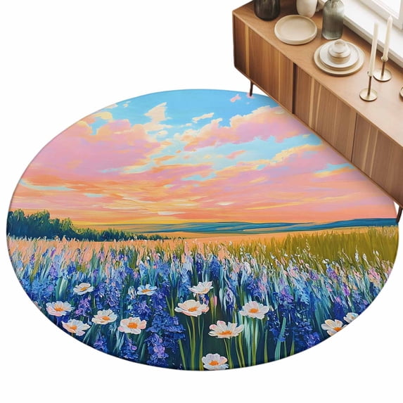 Blue White Flowers Area Rugs 3' (Round) Pink Sky Floor Rug Non Slip Low ...