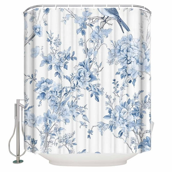 Blue White Flowers Bathroom Shower Curtains with 12 Hooks Polyester ...