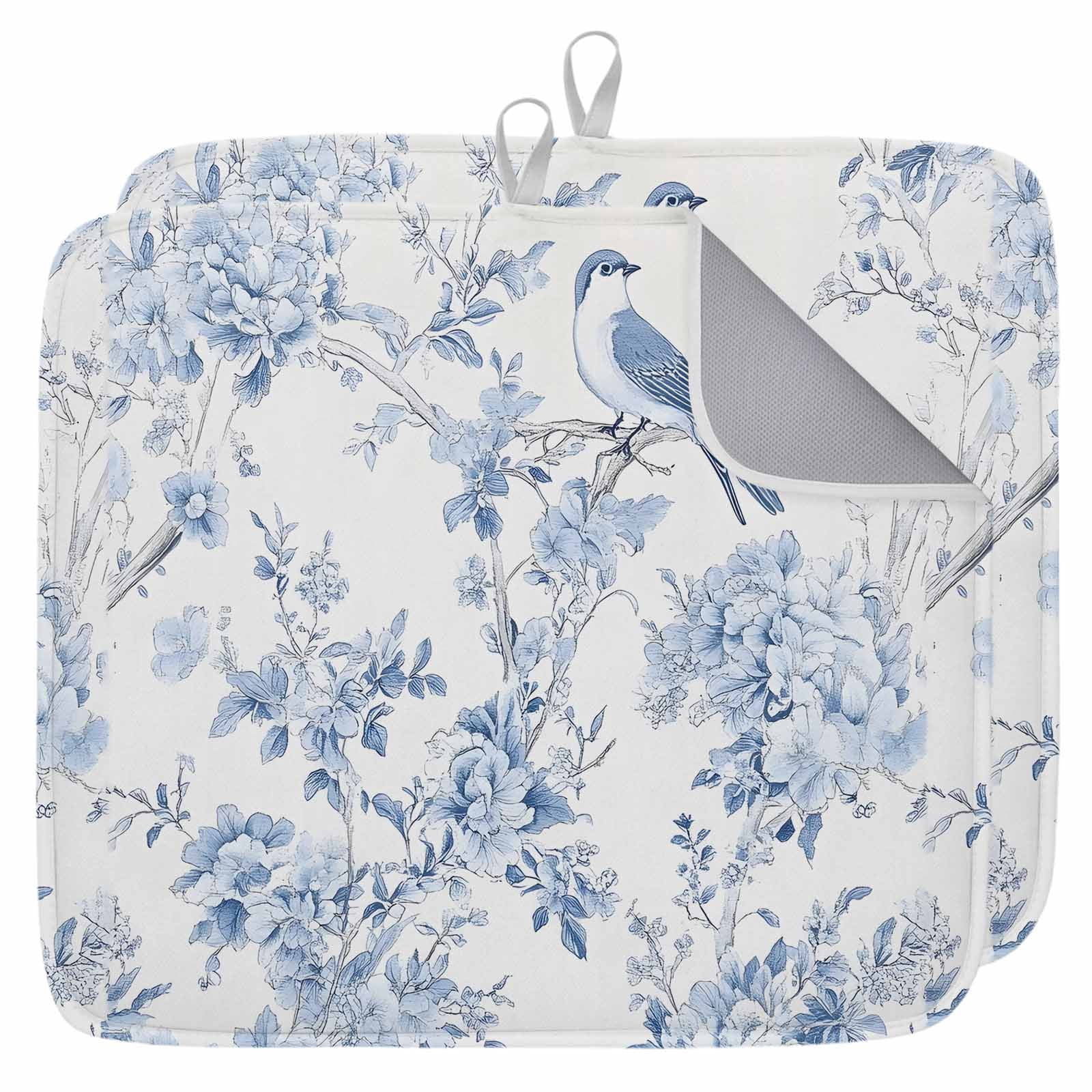 Blue White Flowers Dish Drying Mat for Kitchen Counter,Spring Summer ...