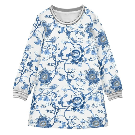 Blue White Flowers Girls'long-sleeved dress Thickened A-dress Warm ...