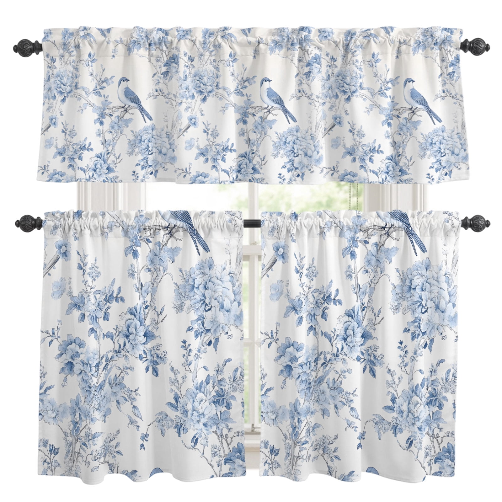 Blue White Flowers Kitchen Curtains, Kitchen Curtains and Valances Set ...
