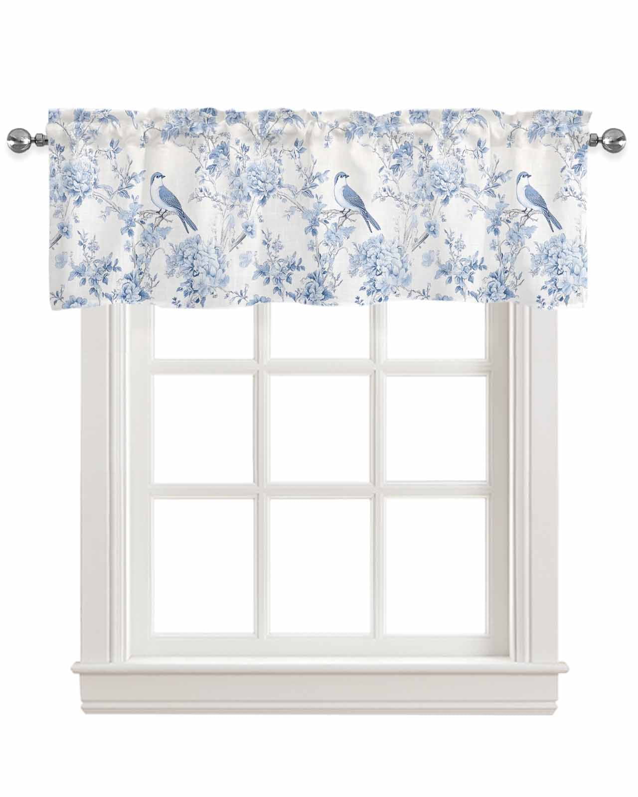 Blue White Flowers Kitchen Valances for Windows Farmhouse Linen Window ...