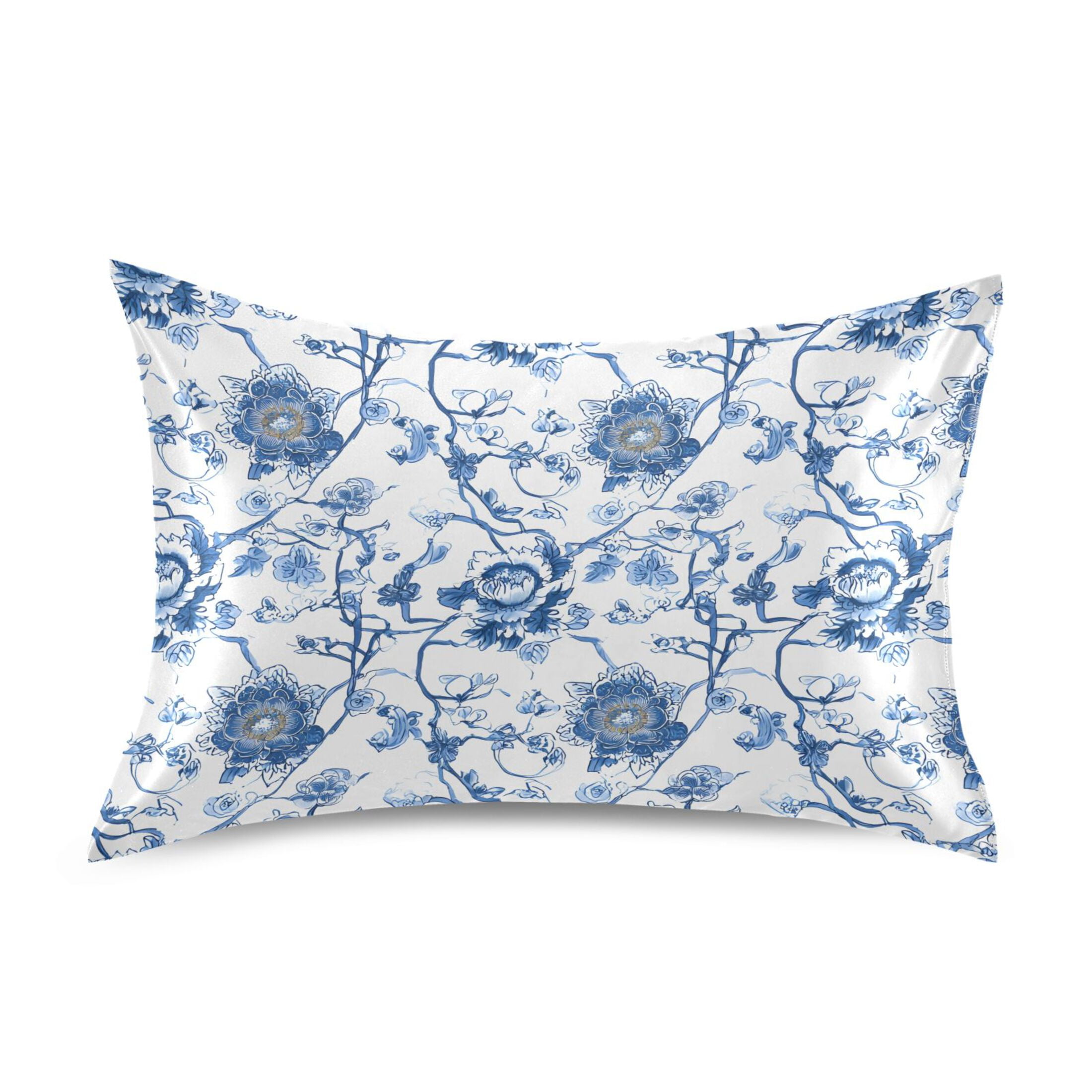 Blue White Flowers Pillowcase Queen Size Luxury Silky Soft Wrinkle ...