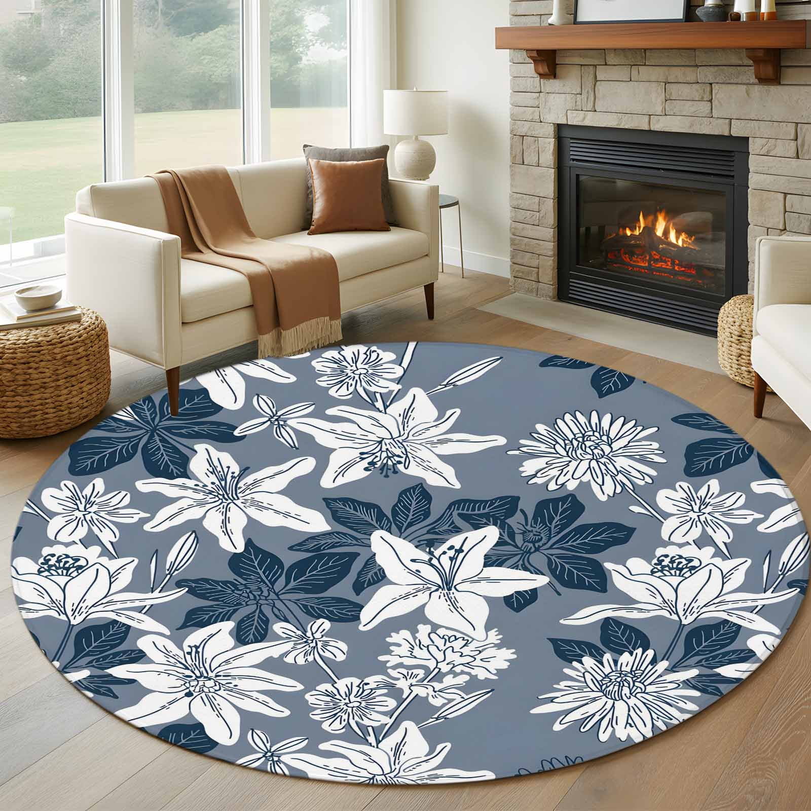 Blue White Flowers Round Rug 8ft Washable Circle Rugs Non Slip Country ...