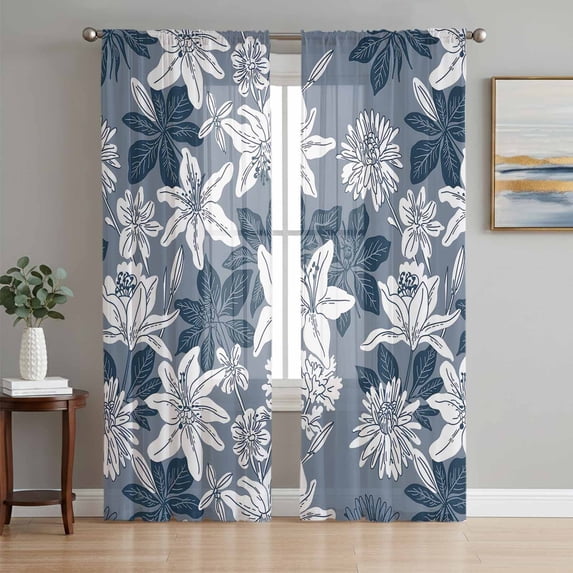 Blue White Flowers Sheer Curtains 72 Inch Length 2 Panels Set, Country ...
