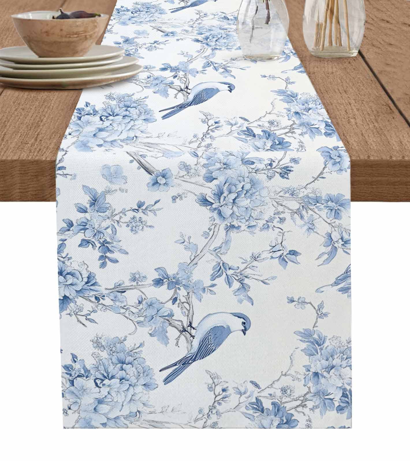 Blue White Flowers Table Runner 72 Inches, Spring Summer Floral ...