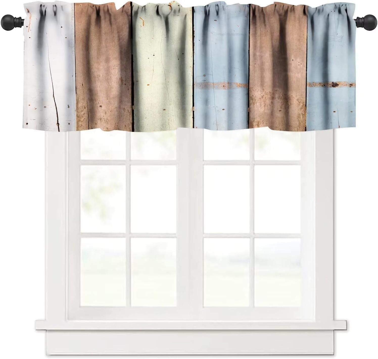 Blue White Fresh Wood Valance Curtain Abstract Strip Wood Texture Rod ...
