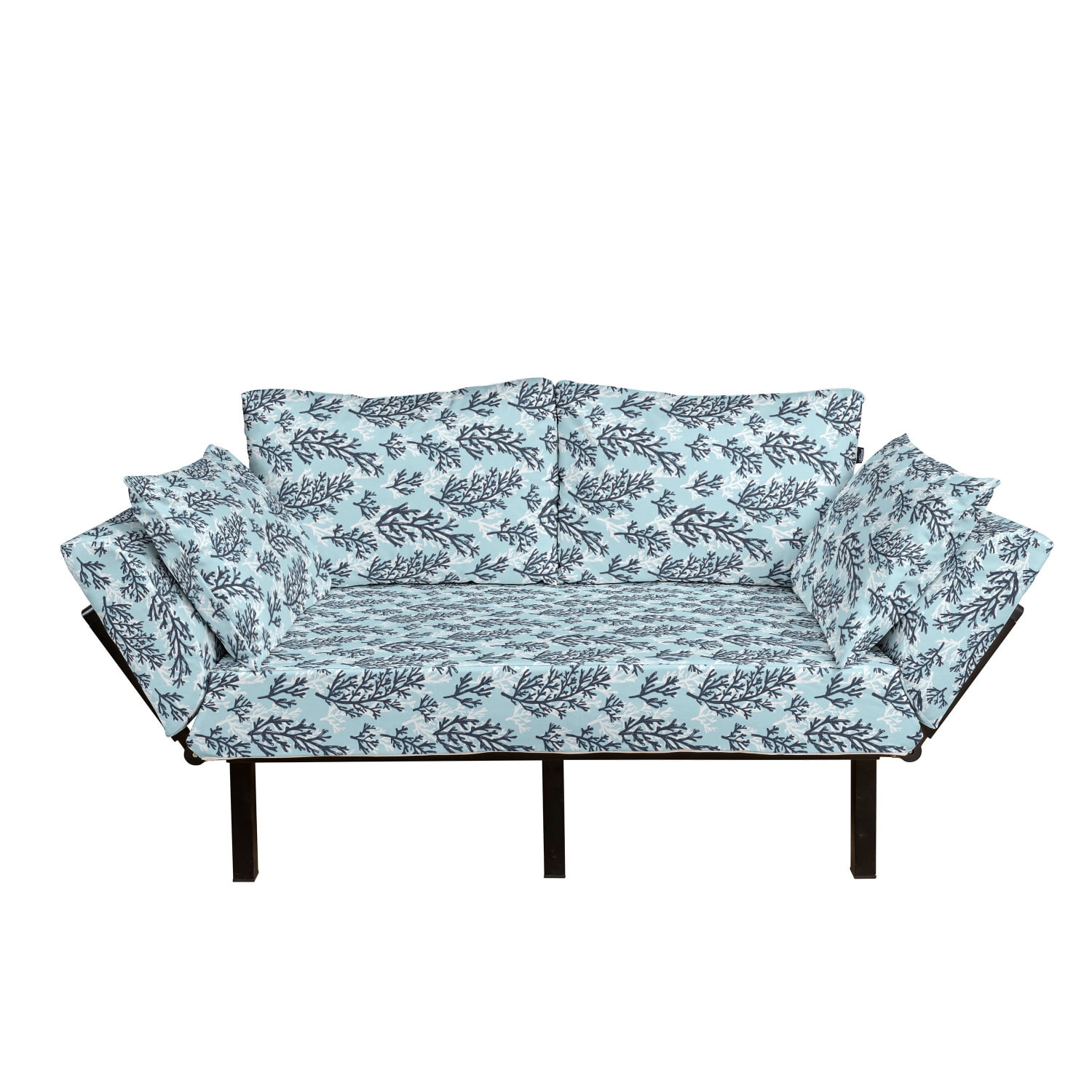 Blue and White Futon Couch, Hand Drawn Style Ocean Themed Pattern with ...