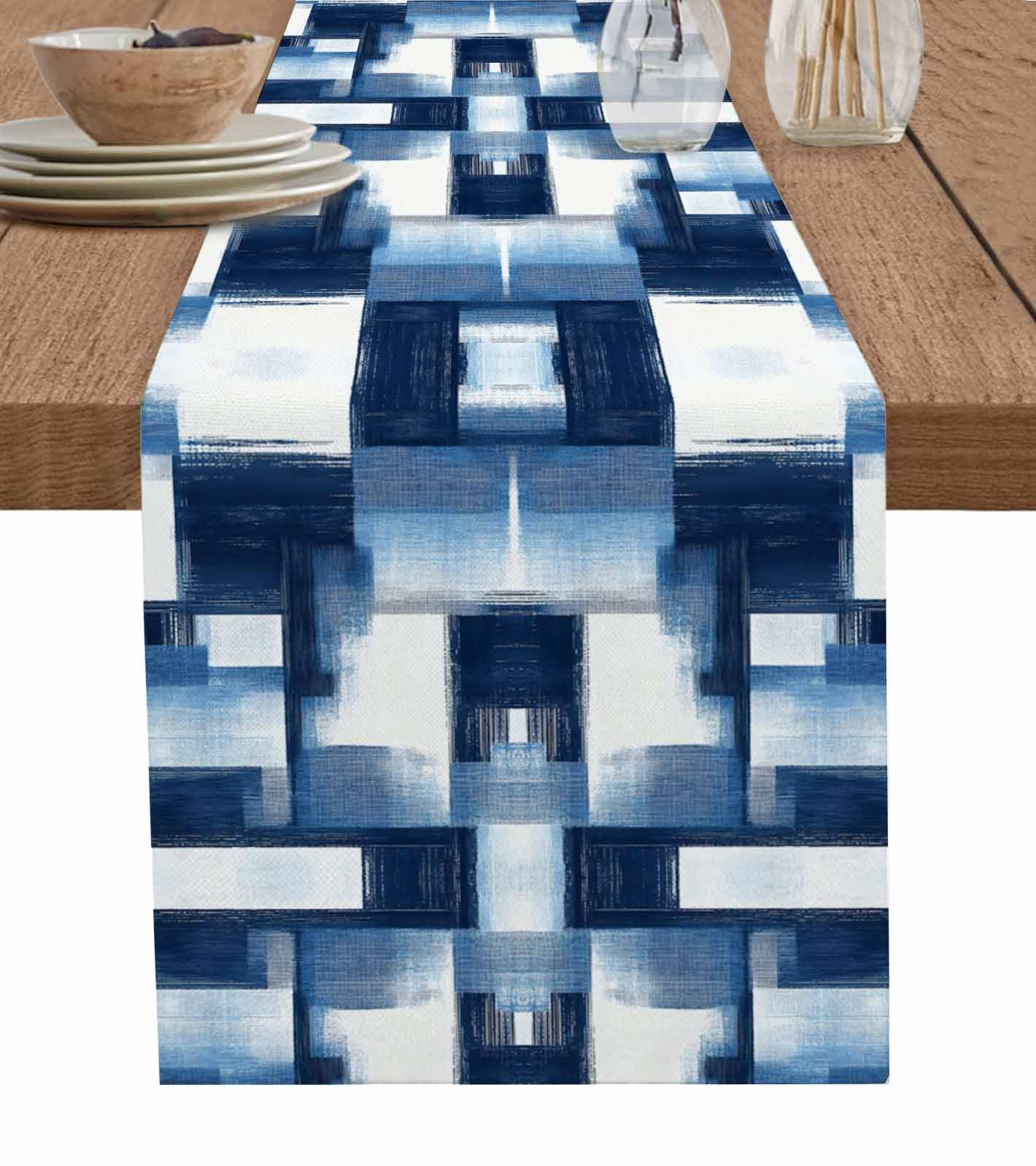 Blue White Geometric Burlap Cotton Table Runner 13x120 Inches Long ...