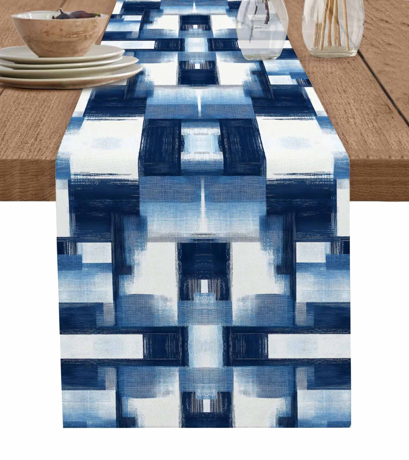 Blue White Geometric Burlap Cotton Table Runner 13x72 Inches Long ...