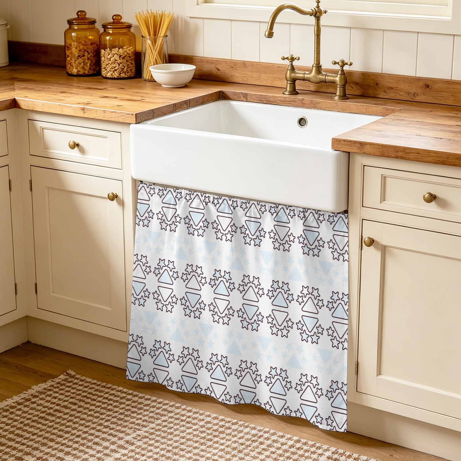 Blue White Geometric Cabinet Curtains 35"W x 35"L, Modern Simple Star ...