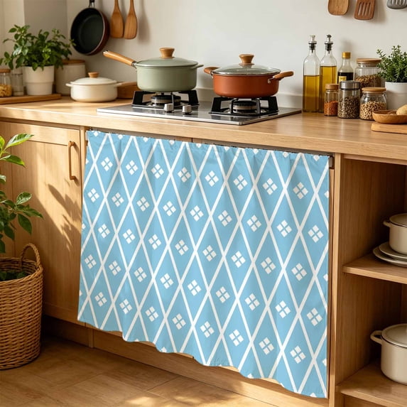 Blue and White Geometric Cabinet Curtains for Kitchen 35"W x 35"L ...