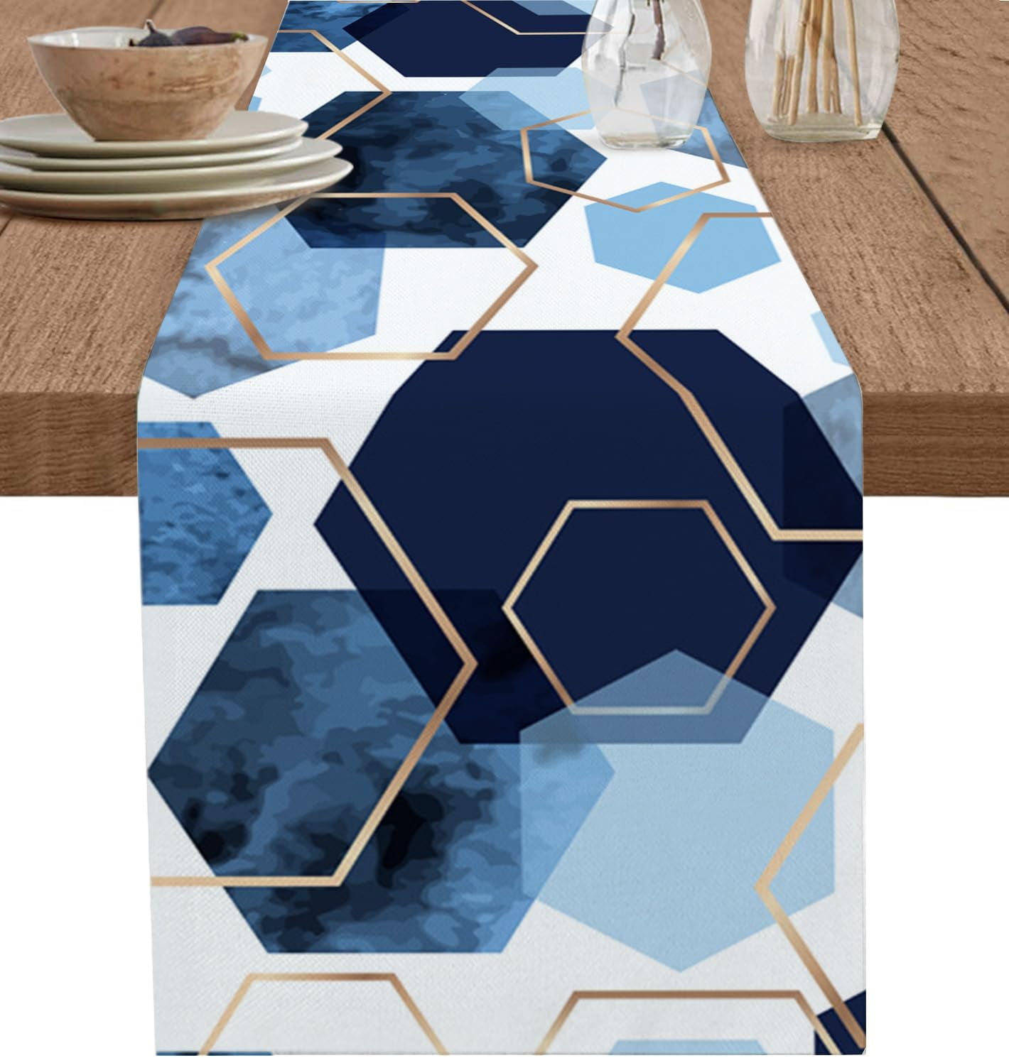 Blue White Geometric Linen Table Runners Modern Abstract Art Aesthetics ...