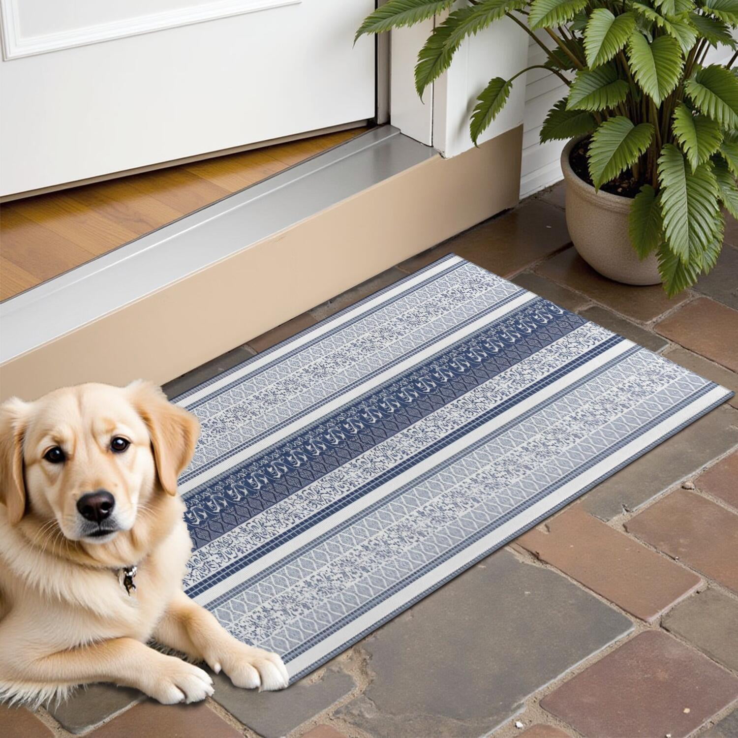 Blue and White Geometric Striped Pattern Door Rugs,Washable Non Slip ...