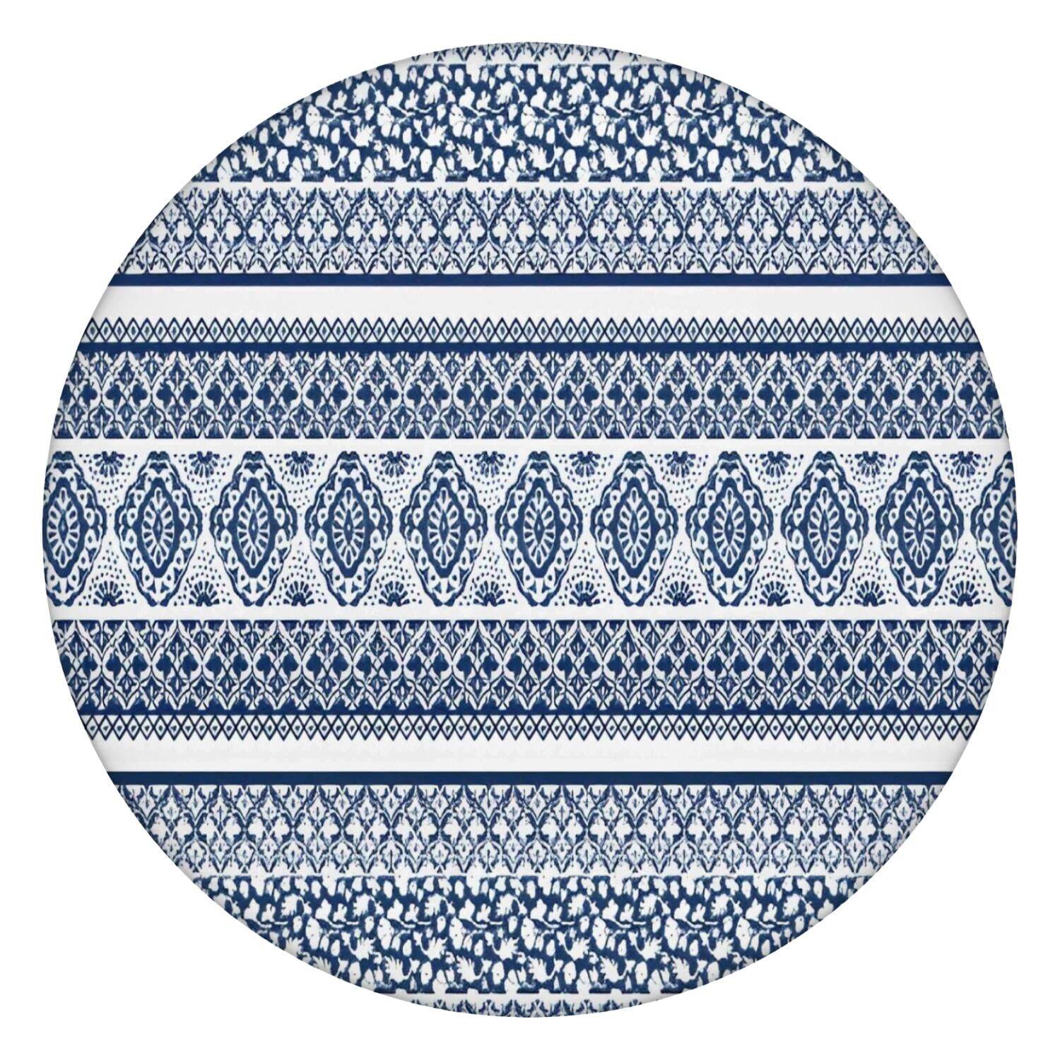 Blue and White Geometric Striped Pattern Round Fitted Tablecloth with ...