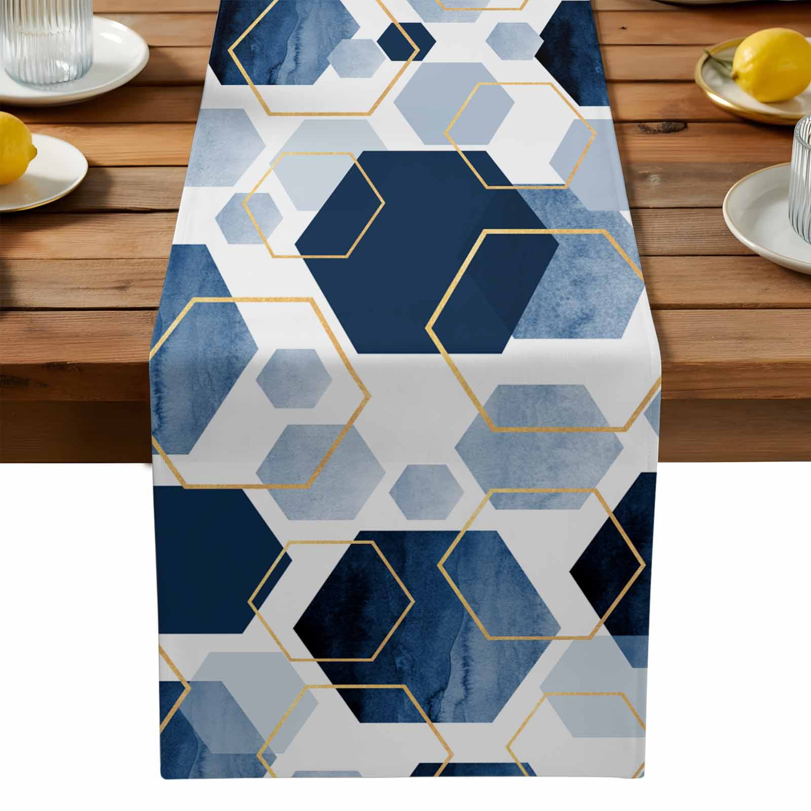 Blue White Gold Geometric Table Runner, Modern Abstract Hexagon Pattern ...
