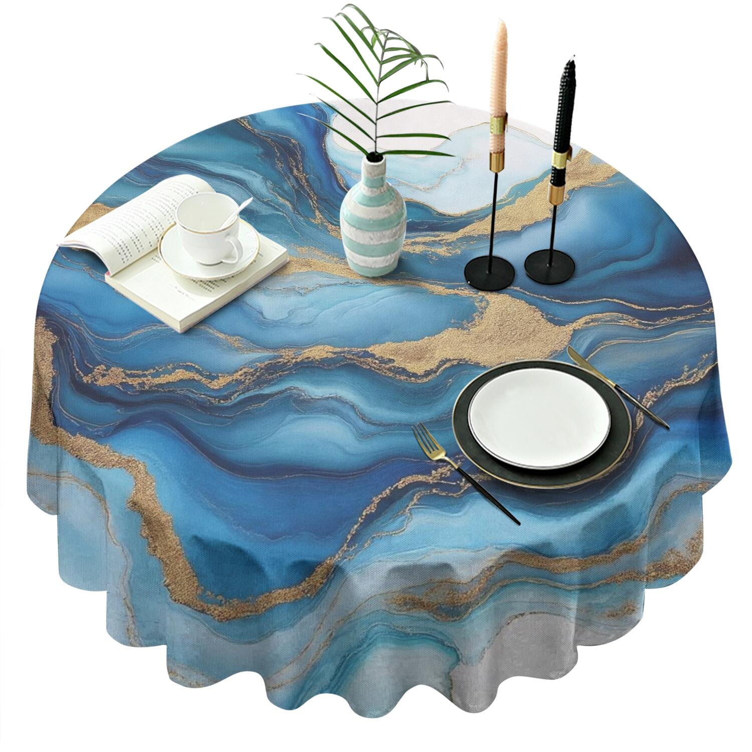 Blue White Gold Marble Pattern Round Tablecloth 60"x60",Wrinkle ...