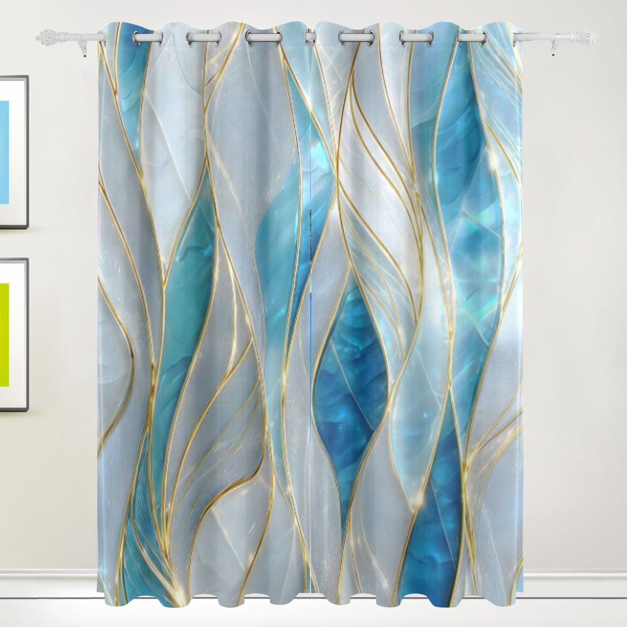 Blue White Gold-line Blackout Curtains 55W x 72/84L Living Room Bedroom ...