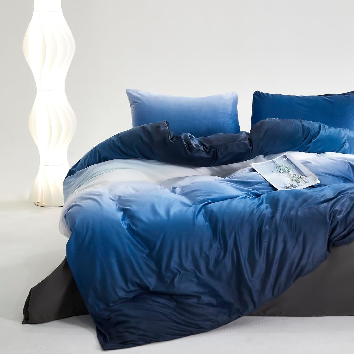 Blue White Gradient Velvet Comforter Set Full Fluffy Sea Blue Sherpa ...