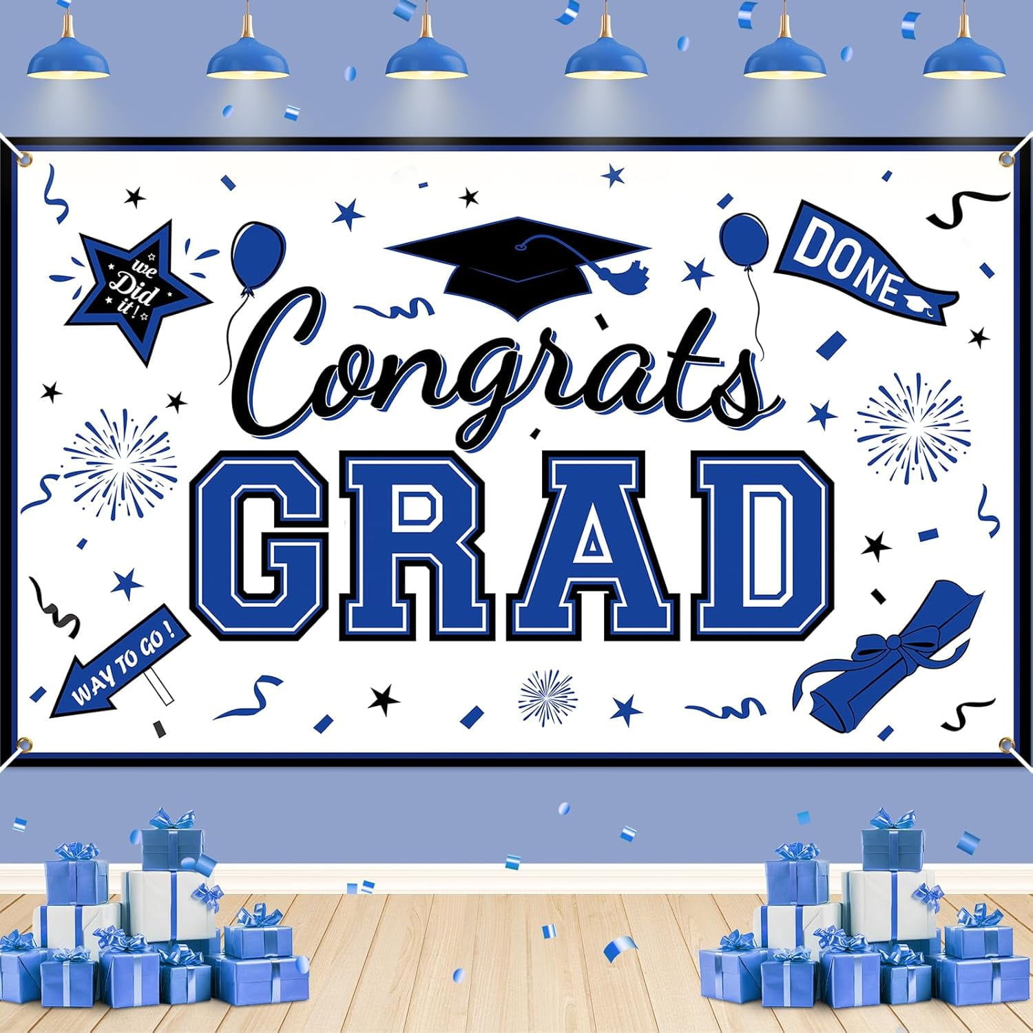 Blue White Graduation Banner Decorations Blue Black White Congrats Grad ...