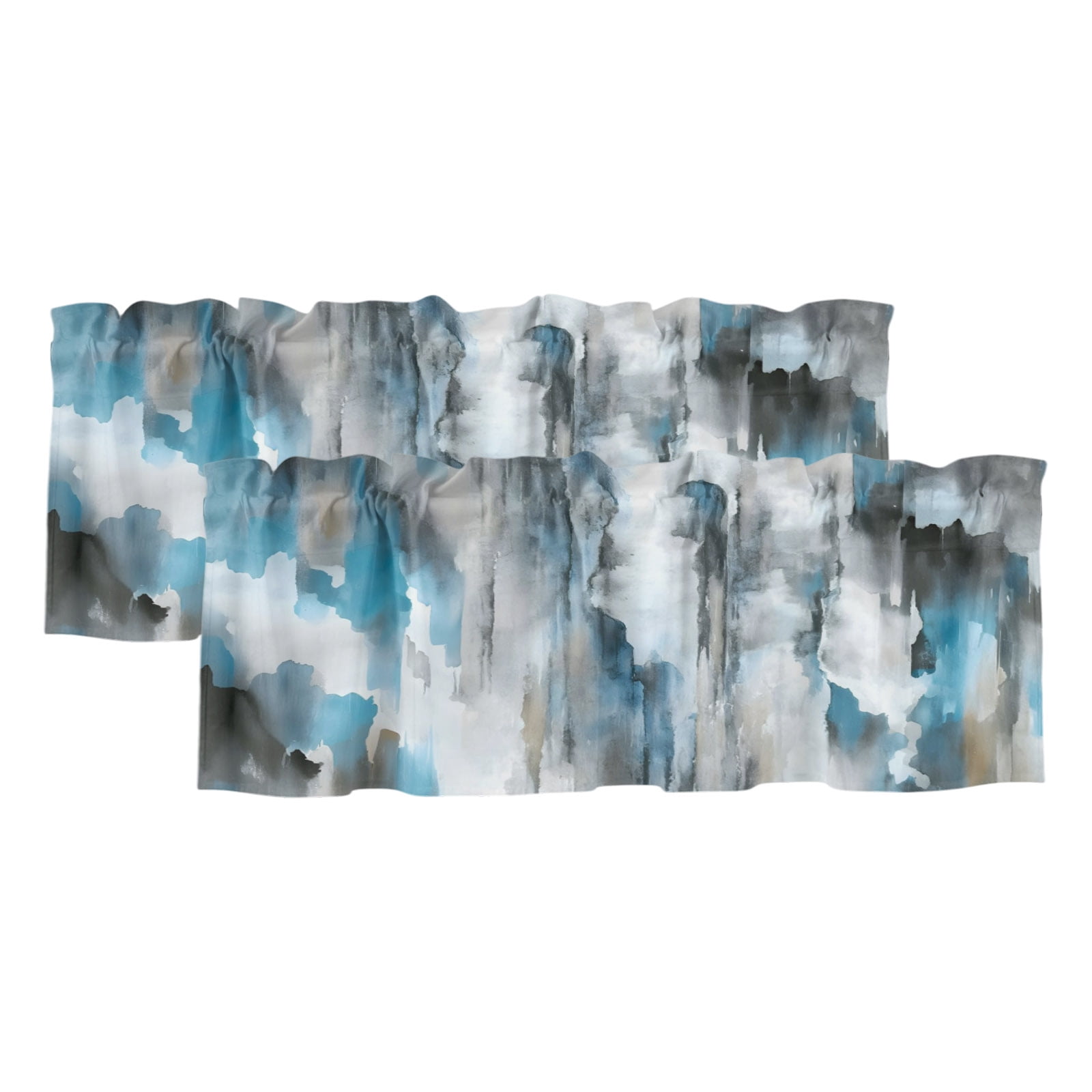 Blue White Gray Abstract 2 Panels Kitchen Valance, Watercolor Gradient ...