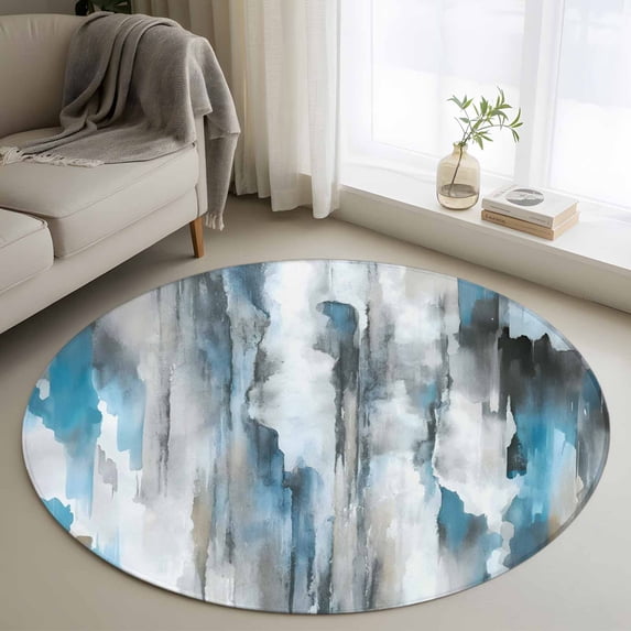 Blue White Gray Abstract 4FT Round Area Rugs Watercolor Gradient Modern ...