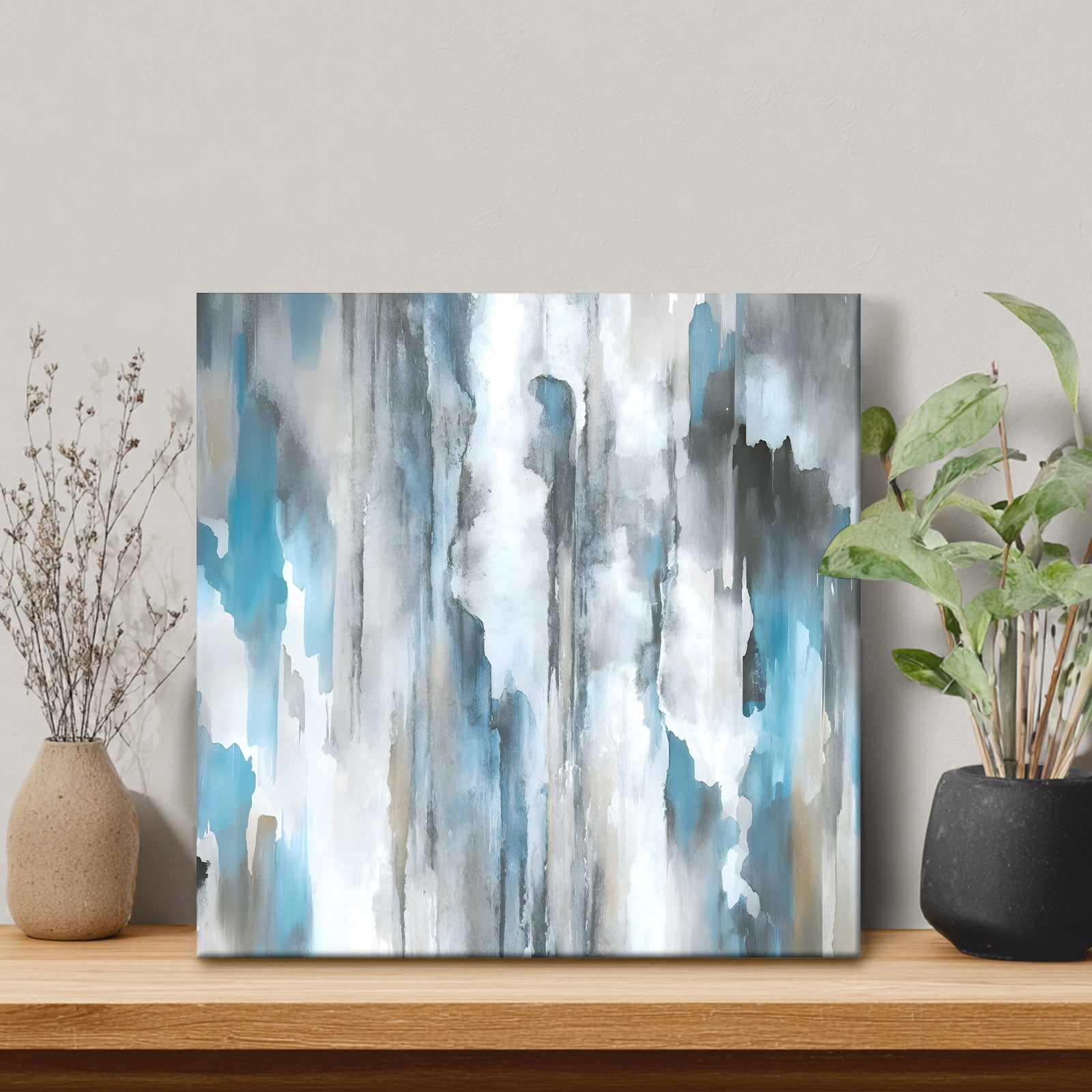 Blue White Gray Abstract Framed Canvas Wall Art, Watercolor Gradient ...
