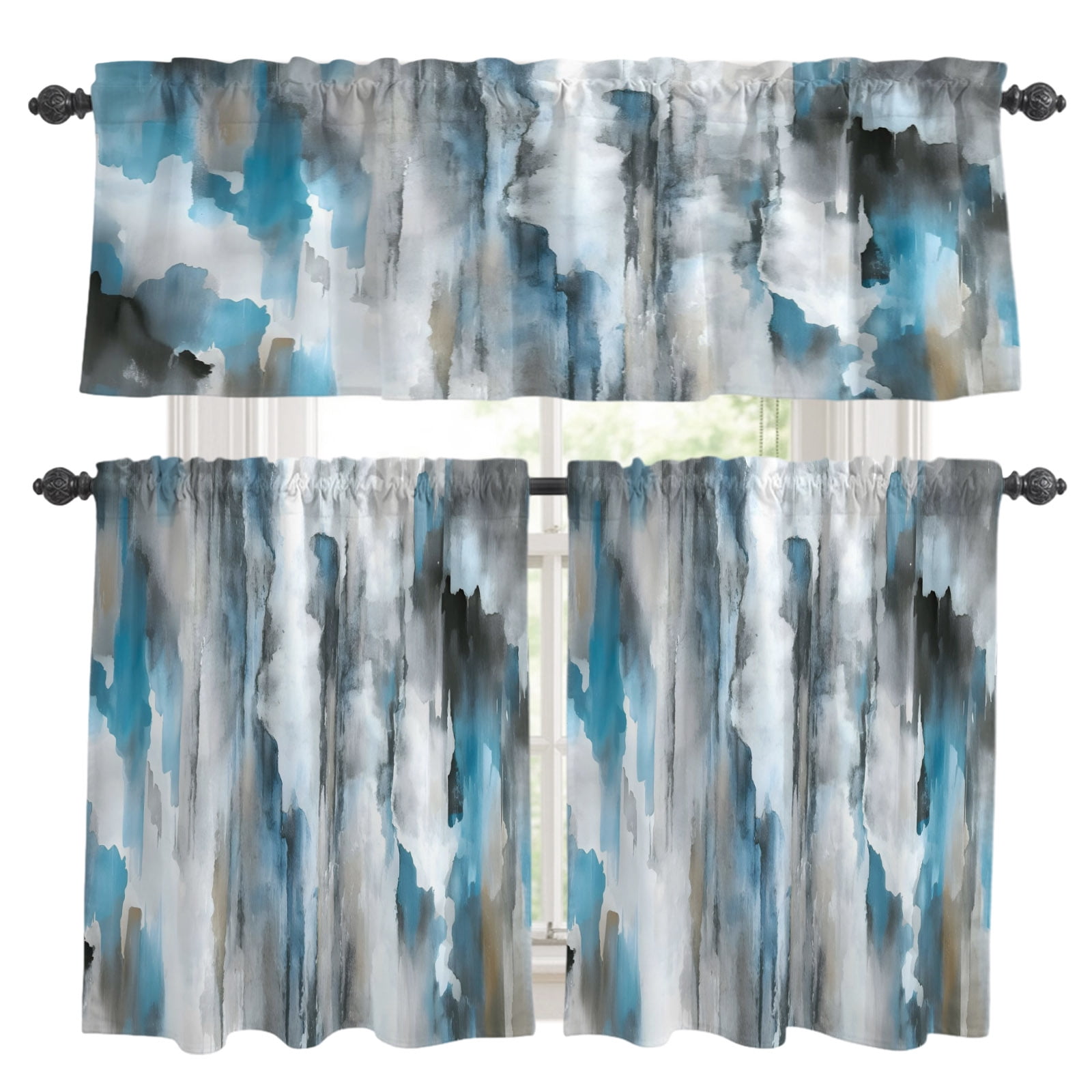 Blue White Gray Abstract Kitchen Curtains and Valances Set, Watercolor ...