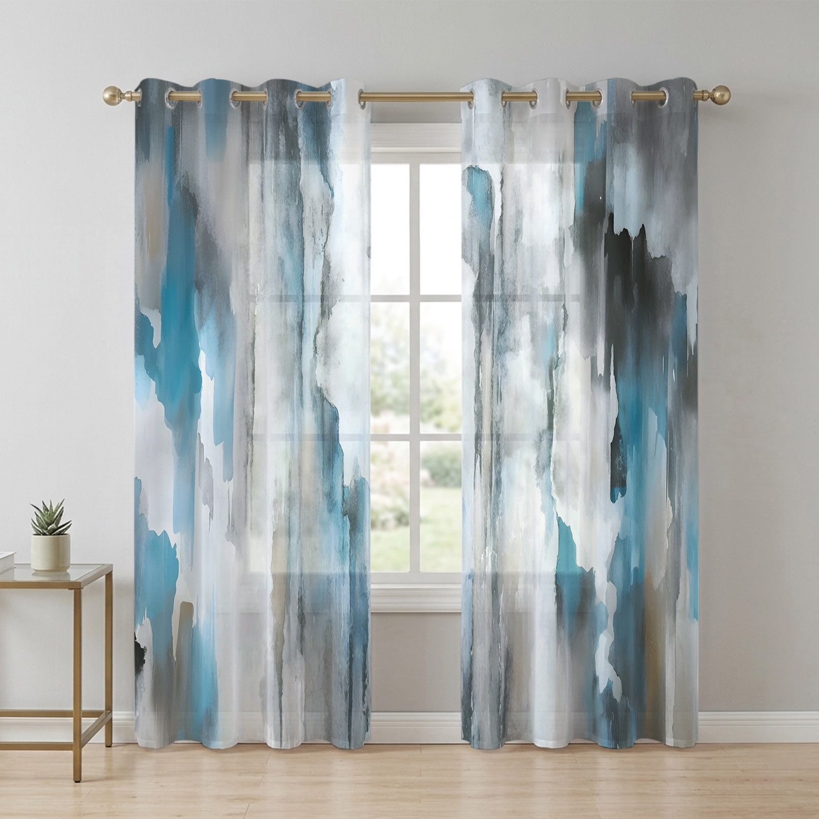 Blue White Gray Abstract Sheer Curtains 63 Inch Long 2 Panels ...