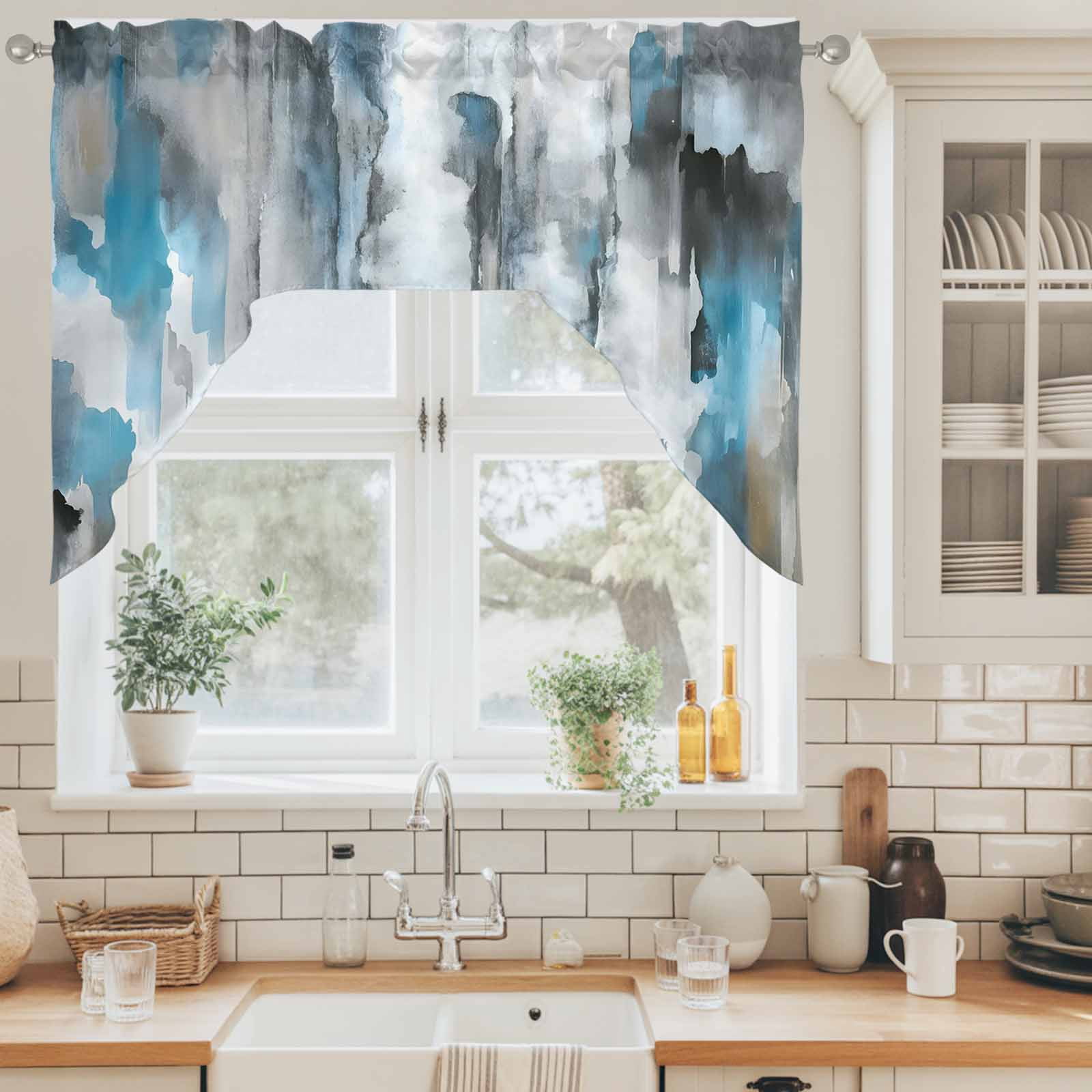 Blue White Gray Abstract Swag Curtain Valance for Windows, Watercolor ...