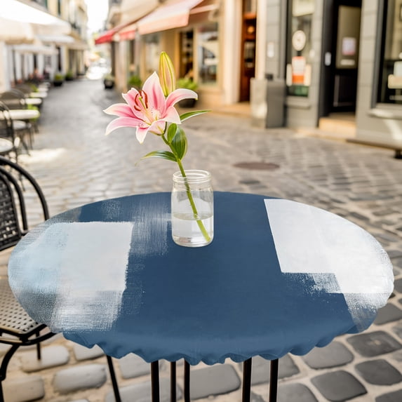 Blue White Gray Color Block Round Fitted Tablecloth with Elastic Edge ...