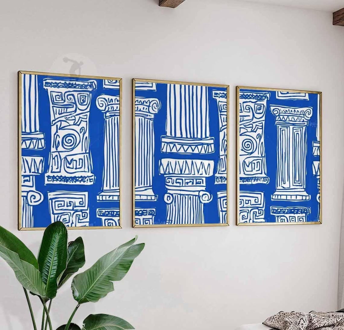 Blue White Greek Column Classical Architecture Triptych Art Set 3 ...