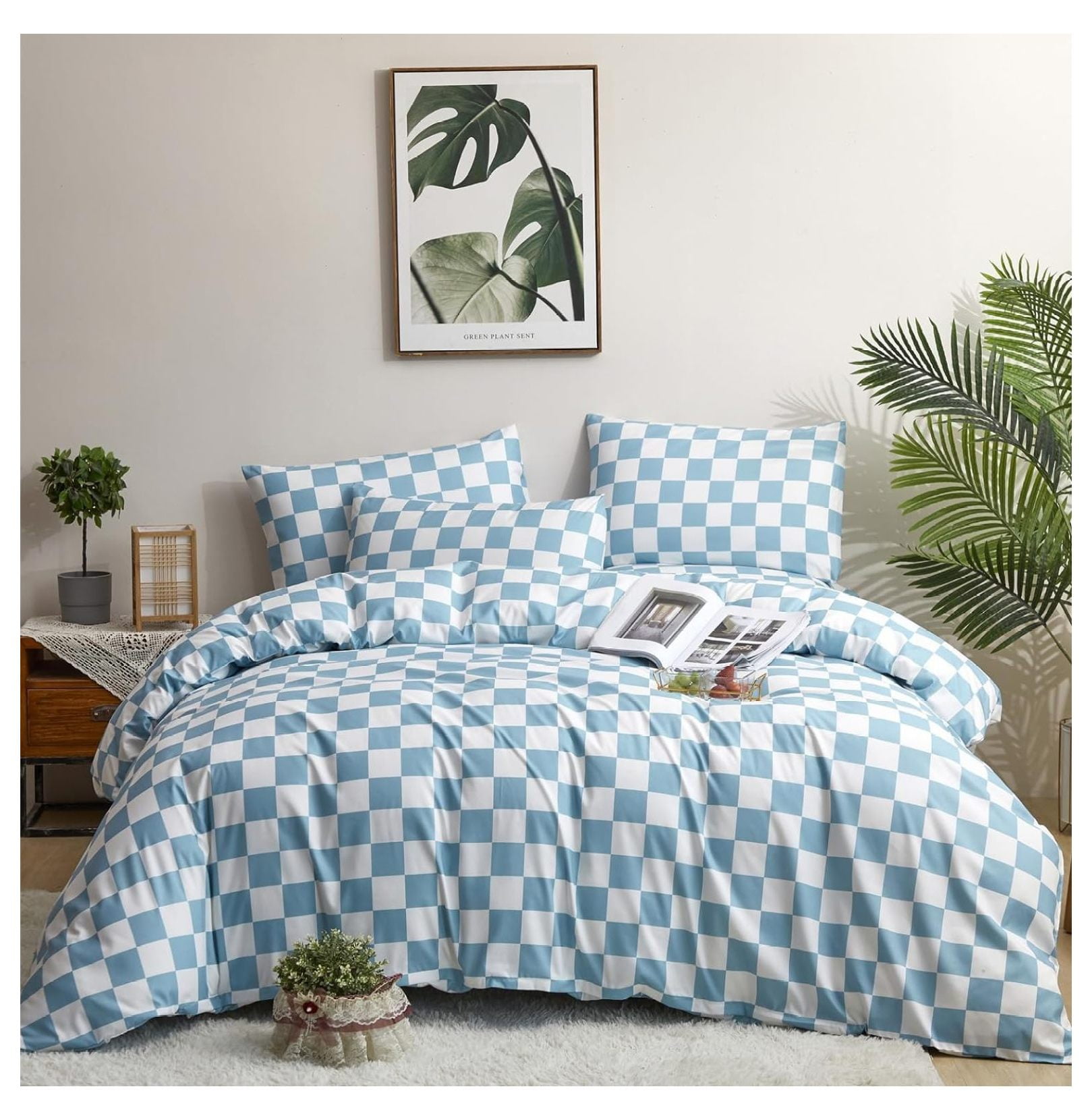 Blue White Grid Comforter Set Twin Blue Plaid Bedding Set Girls Blue ...