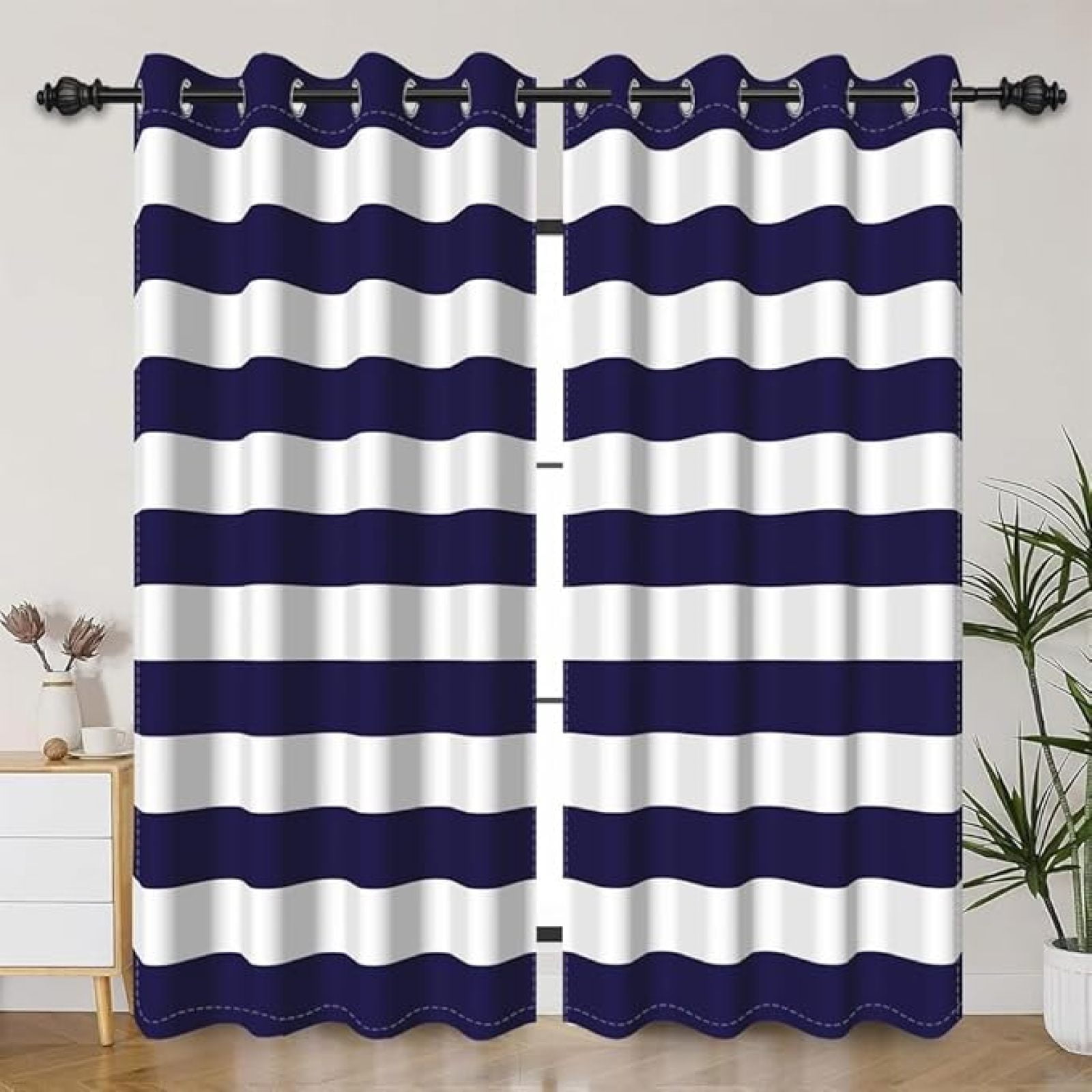 Blue White Horizontal Striped Blackout Curtains Navy Blue Stripe Window ...