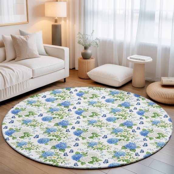 Blue White Hydrangea 8' Round Rug for Open Concept Living Room Seating ...