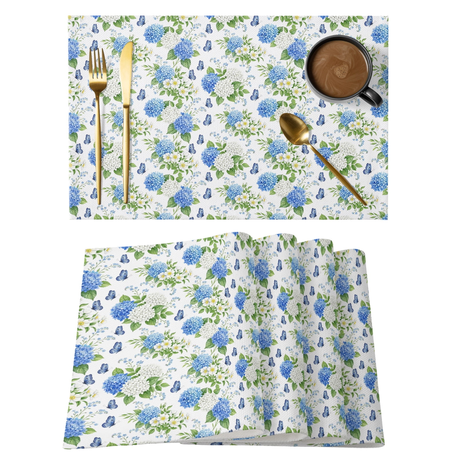 Blue White Hydrangea Cotton Linen Placemats Set of 4, Floral Botanical ...