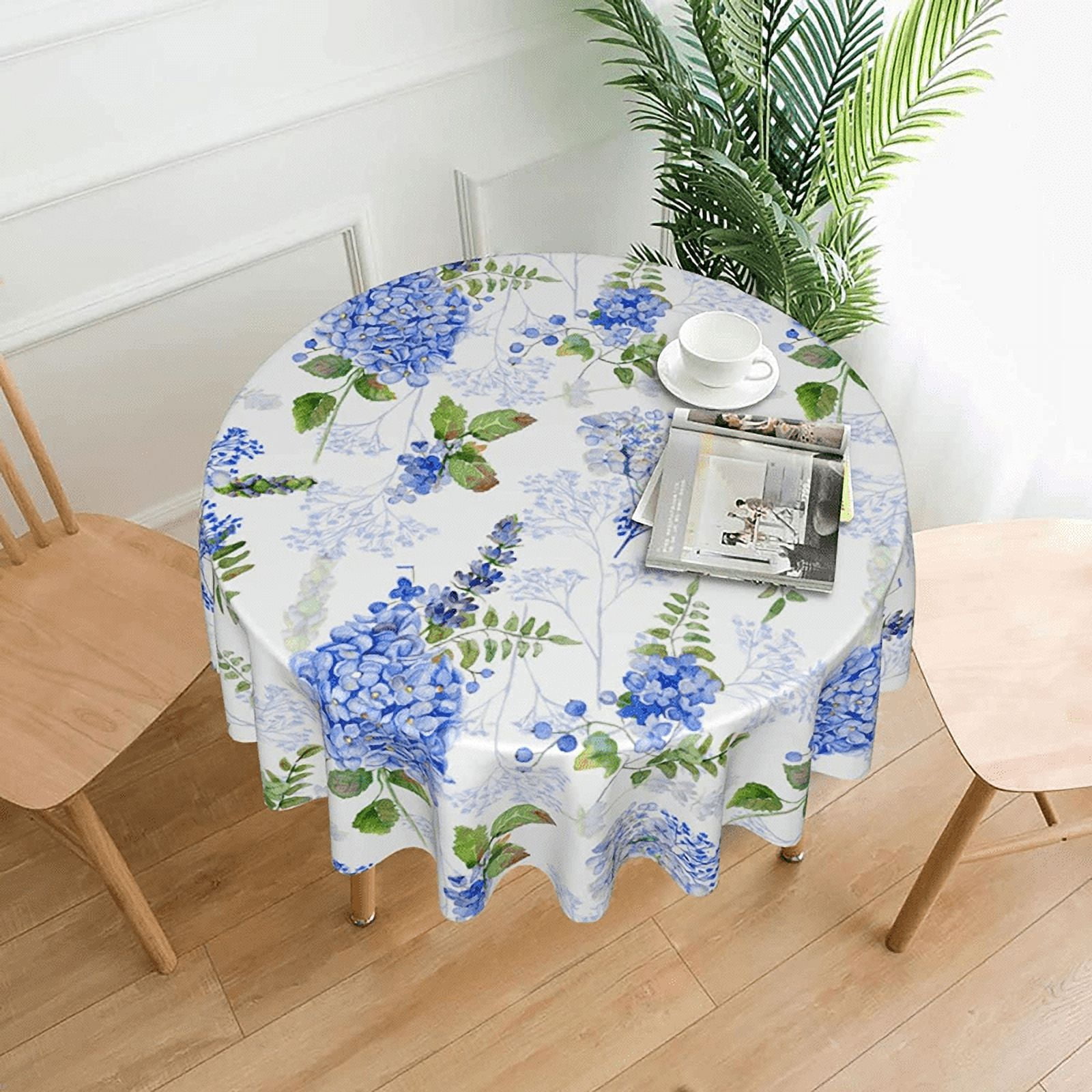 Blue White Hydrangea Flowers Tablecloth Round 60h Spring Floral Table ...