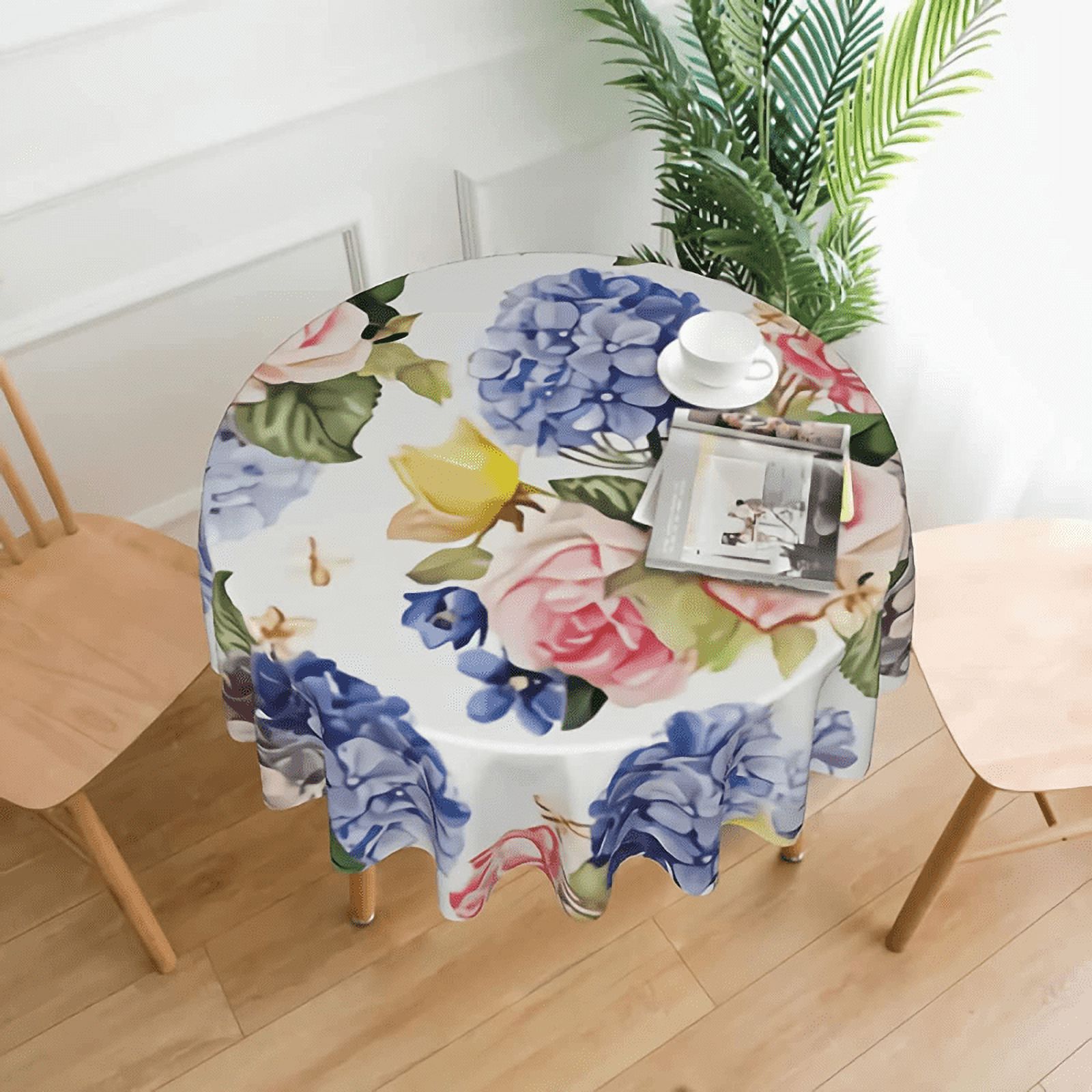 Blue White Hydrangea Flowers Tablecloth Round 60h Spring Floral Table ...