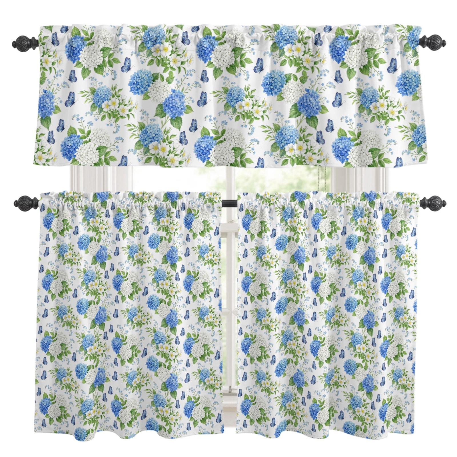 Blue White Hydrangea Kitchen Curtains Valance and Tier Set Floral ...