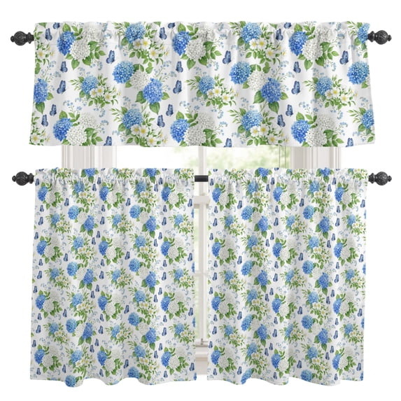 Blue White Hydrangea Kitchen Curtains Valance and Tier Set Floral ...