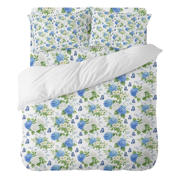 Blue White Hydrangea Queen Duvet Cover Set, Floral Botanical Butterfly ...