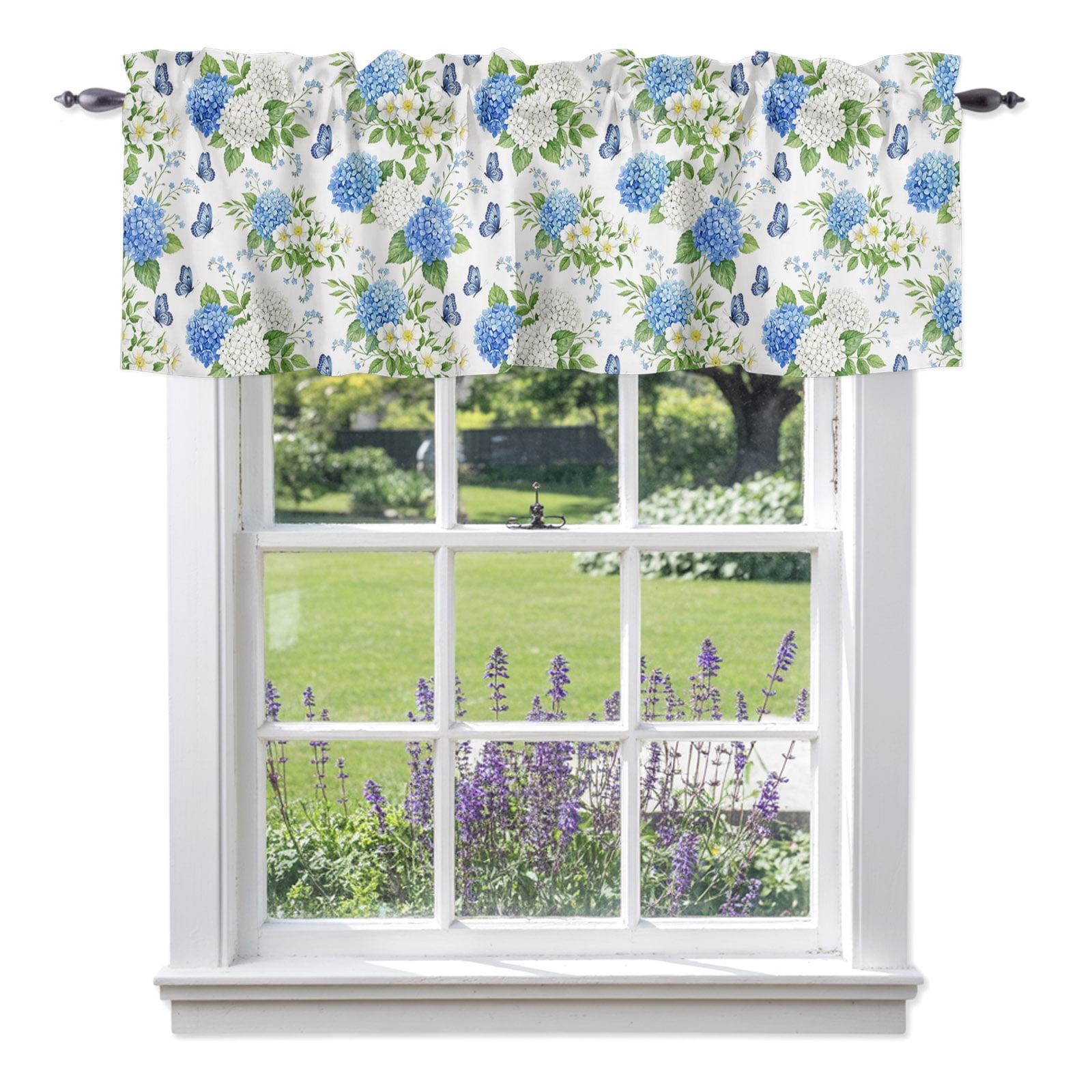 Blue White Hydrangea Window Valance for Kitchen, Floral Botanical ...