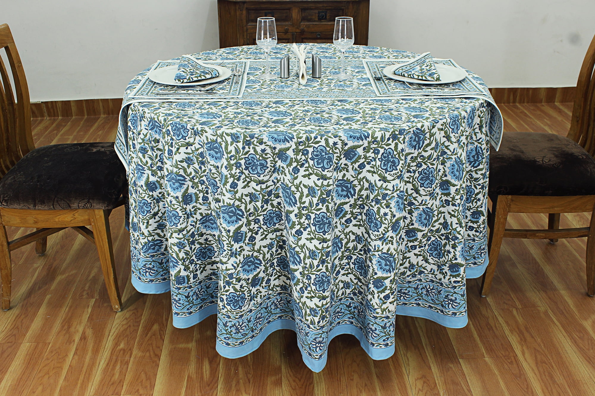 Blue & White Indian Hand Block Printed Table Cloth, Round Table Cloth ...