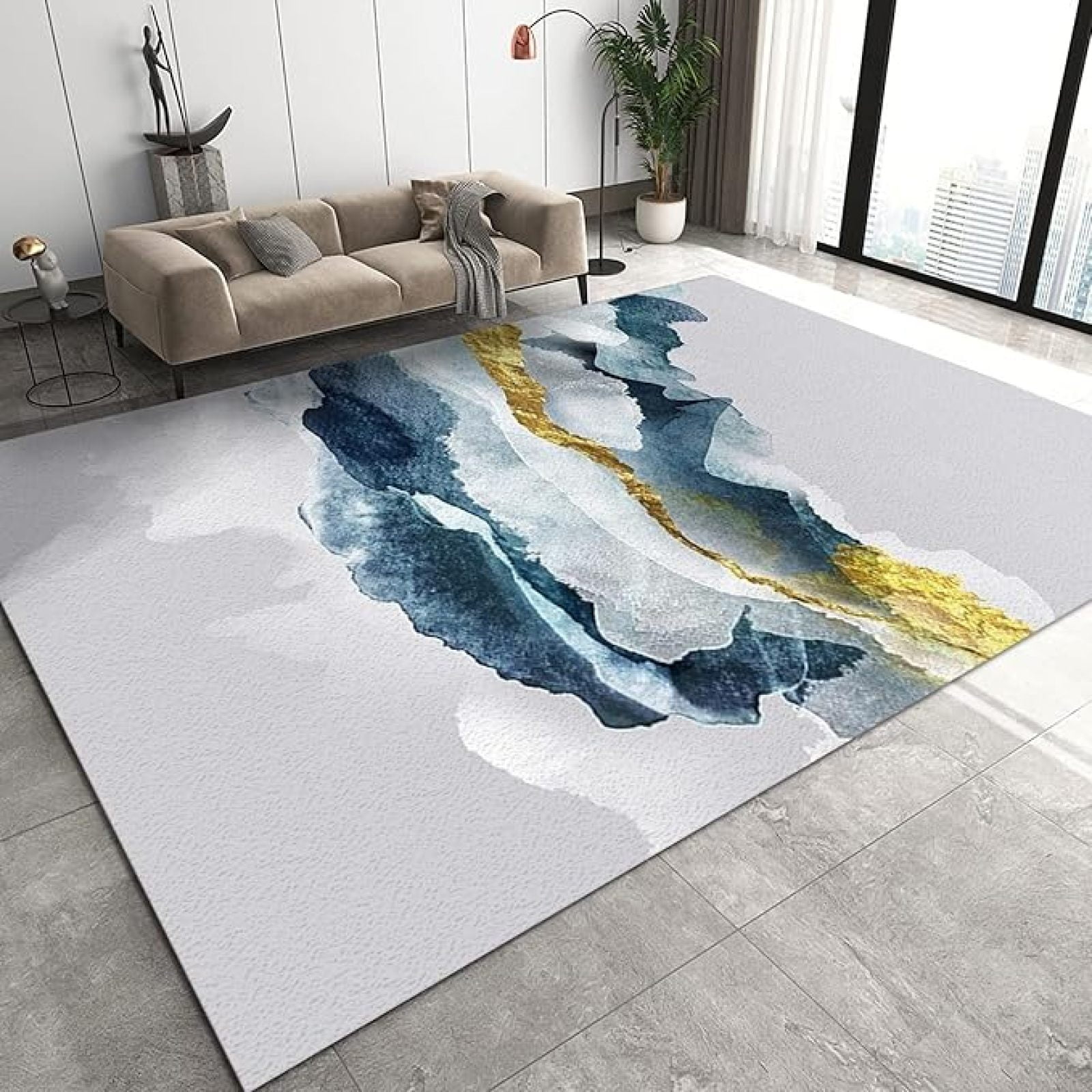 Blue And White Ink Marble Area Rugs, Hand Painted Watercolor Non-Slip ...