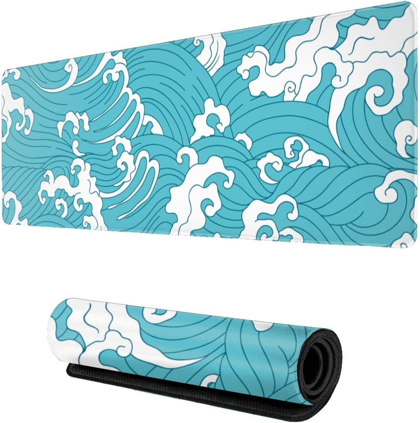 Blue & White Japanese Wave XL Gaming Mouse Pad - Large Non-Slip Rubber ...