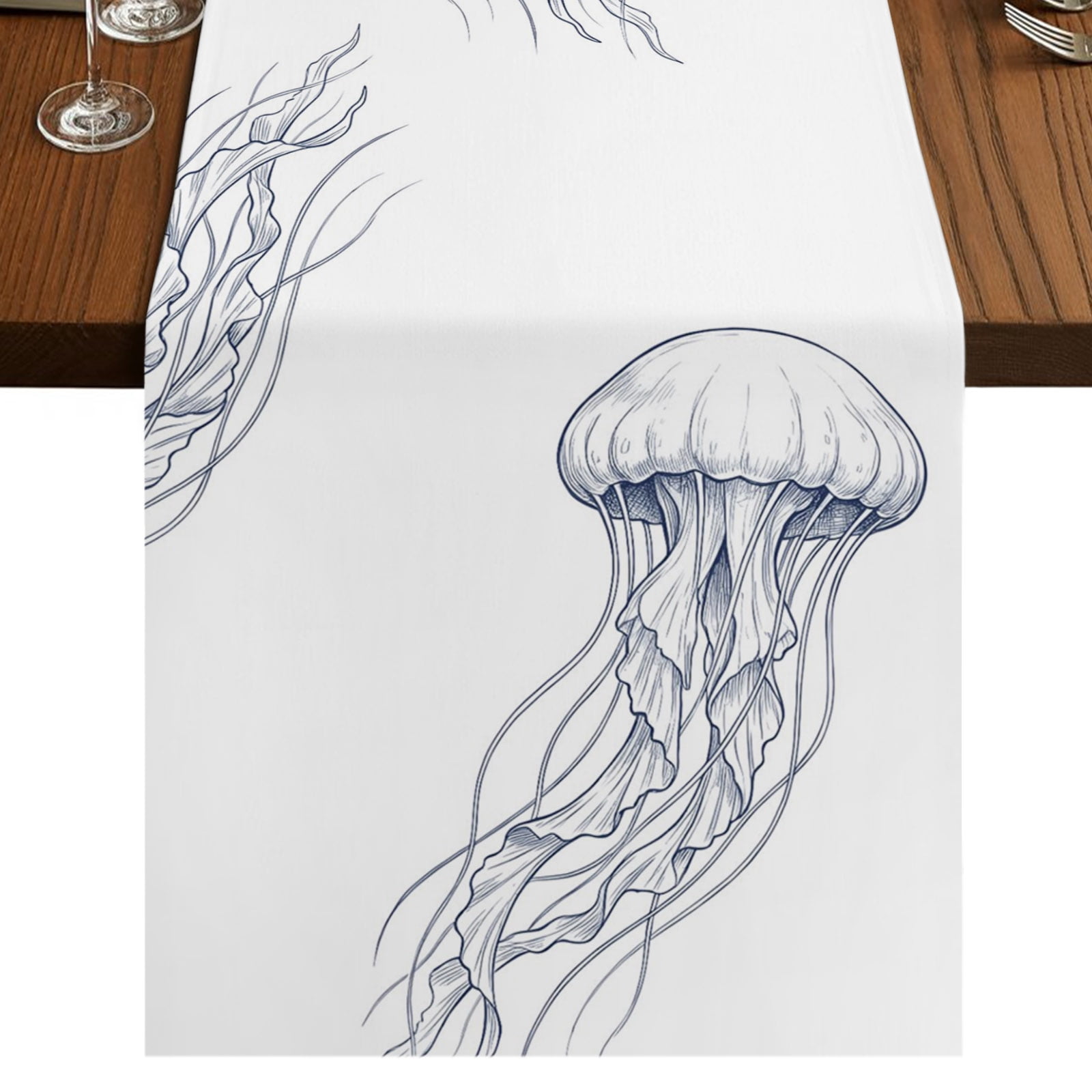 Blue White Jellyfish Coastal Burlap Cotton Table Runner 18x72 Inches ...