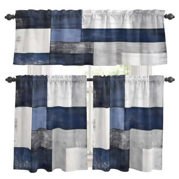 Blue White Kitchen Curtains Valance and Tier Set Geometric Abstract ...